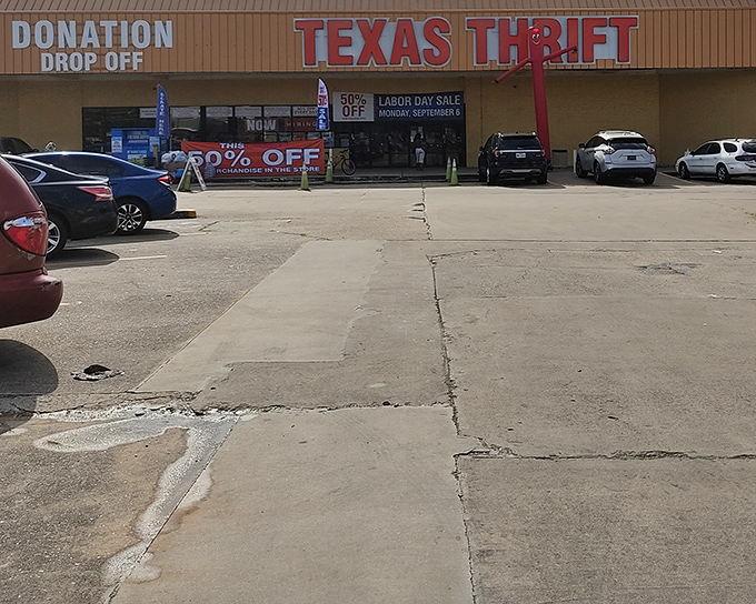 The red lettering against tan stucco promises treasures within &ndash; like a Vegas billboard advertising jackpots, but with better odds of winning.