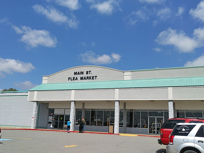 The Main Street Flea Market welcomes treasure hunters under brilliant blue Arkansas skies, promising adventures in every aisle and memories in every find.