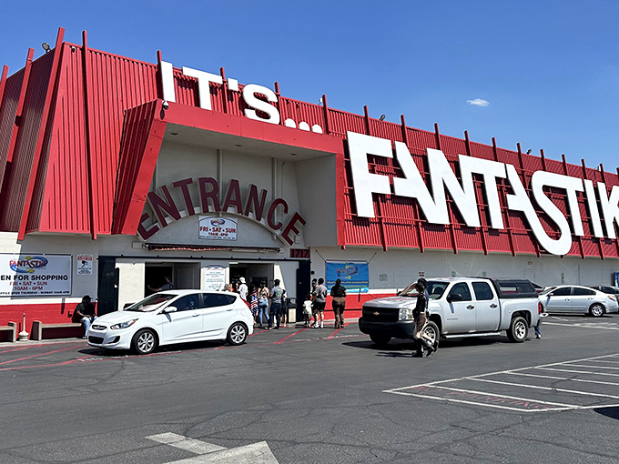 The bright red exterior of the Fantastic Indoor Swap Meet stands like Vegas's version of retail Narnia—where bargain hunters go to disappear for hours.