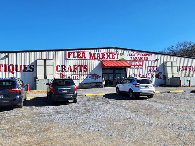 The unassuming exterior of Flea Traders Paradise beckons with bold red lettering and promises of treasures waiting inside. Like a retail TARDIS, it's bigger on the inside than physics should allow.