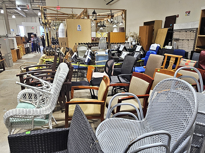 Chair-mageddon! A sea of seating possibilities where your perfect perch awaits. From wicker to wingbacks, this furniture flotilla proves one shopper's castoff becomes another's conversation piece.