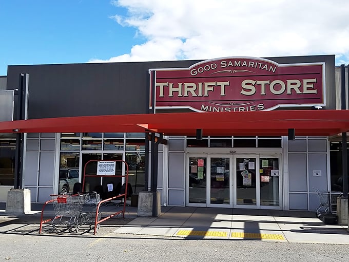 The red awning beckons like a siren song to bargain hunters. This isn't just thrift shopping&mdash;it's treasure hunting with a Montana backdrop.