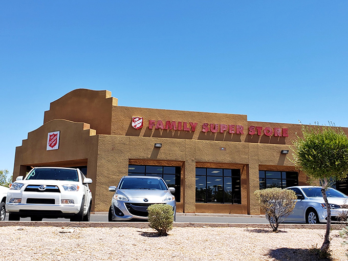 The desert sun gleams off this tan stucco treasure chest, where Henderson's bargain hunters find their second-hand gold. Family Super Store indeed!