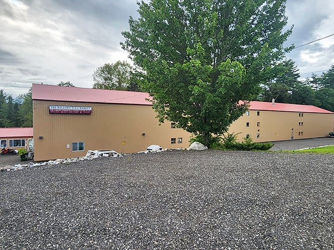 The unassuming exterior of The Willows Flea Market stands like a treasure chest waiting to be opened, its tan walls and red roof hiding countless wonders within.