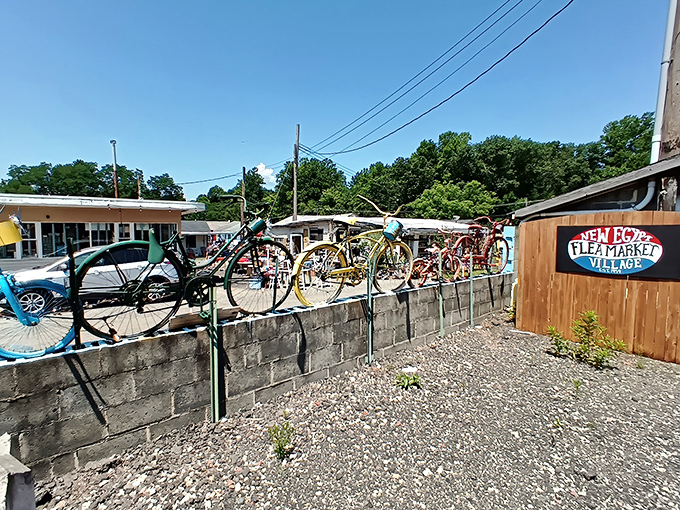 The colorful bicycle display at New Egypt Flea Market Village isn't just decorative&mdash;it's a brilliant roadmap of American transportation history on wheels.