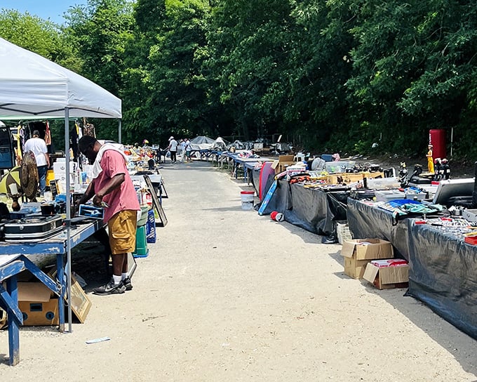 Treasure hunting alley stretches before you like the yellow brick road of bargains. Early birds get the best deals in this outdoor wonderland.