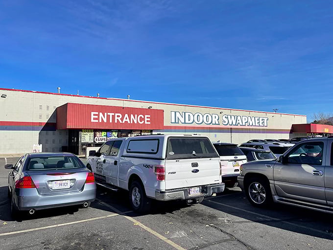 The unassuming exterior of Salt Lake's Indoor Swap Meet – where retail therapy meets treasure hunting in a no-frills package that promises adventures within.