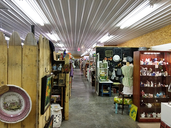 Those corrugated metal ceilings stretch endlessly overhead, like a time tunnel leading to every yard sale you've ever loved.