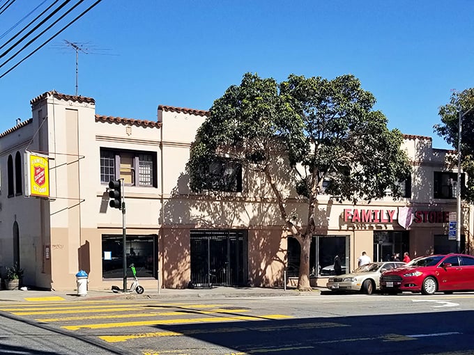 The unassuming exterior of Salvation Army on Valencia Street hides a treasure trove within, like a pirate's chest disguised as a mailbox.