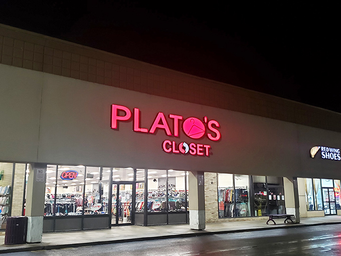 The neon pink sign of Plato's Closet glows like a fashion lighthouse, beckoning bargain hunters to this Rochester treasure trove of second-hand style. 