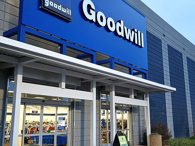 Bold blue signage welcomes bargain hunters to this retail wonderland, where one person's donations become another's prized possessions.