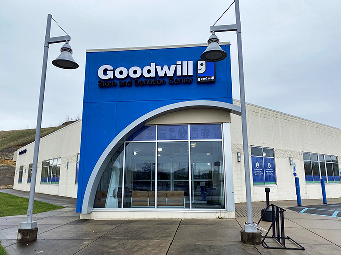 The iconic blue and white facade of Goodwill in White Hall stands like a treasure chest waiting to be opened. Those bells aren't just decoration&mdash;they're ringing in bargain opportunities!