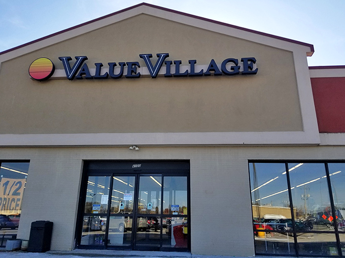 The iconic Value Village sign welcomes bargain hunters like a beacon of thrifty hope. Your wallet can breathe easy here in Racine.