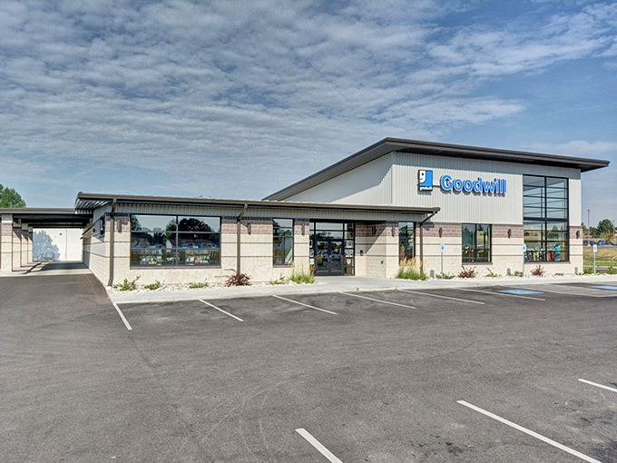 Sunlight bounces off this modern thrift store facade, where Wyoming's savviest shoppers come to hunt for deals beneath those big prairie skies.
