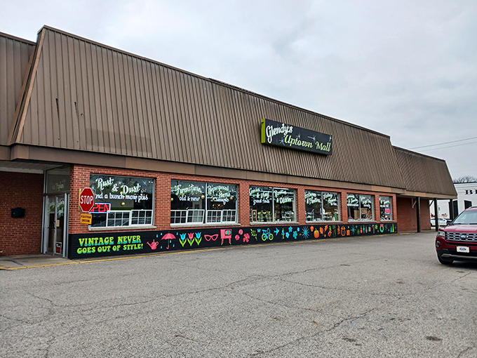 The unassuming exterior of Glendy's Uptown Mall belies the wonderland within. That "Vintage Never Goes Out of Style" sign? Truer words were never painted.