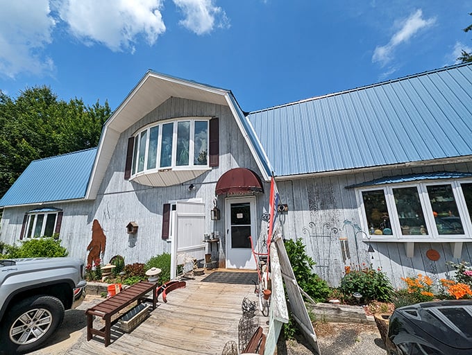 The unassuming green exterior with its patriotic bunting is like a vintage treasure chest disguised as a country store. Open daily!