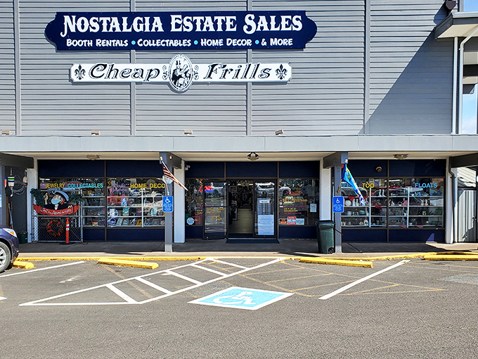 The unassuming exterior of Nostalgia Estate Sales hides a wonderland of treasures inside, like finding Narnia in a shopping center.