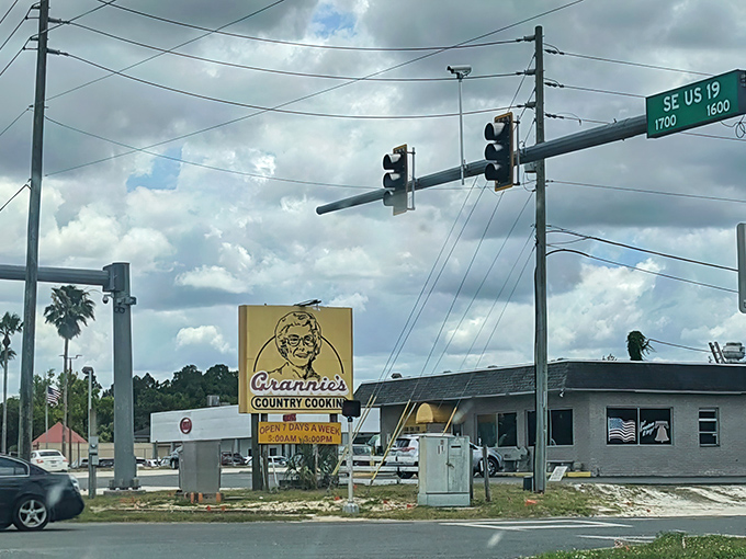 The iconic yellow Grannie's sign stands like a beacon of breakfast hope on US Highway 19, promising homestyle salvation to hungry travelers.