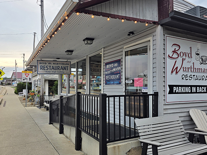 The unassuming exterior of Boyd & Wurthmann Restaurant in Berlin, Ohio, where culinary magic happens behind that modest storefront. Small town, big flavors!