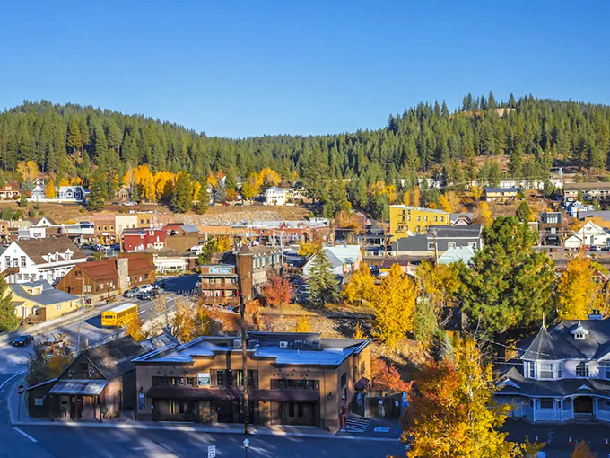 Truckee's fall colors transform this mountain town into nature's art gallery, where golden aspens frame historic buildings beneath a perfect Sierra sky.