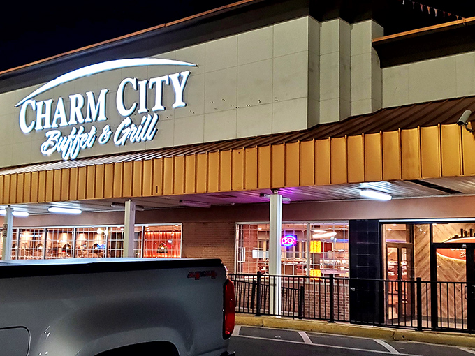 The neon glow of Charm City's sign beckons like a lighthouse for the hungry. This isn't just dinner&mdash;it's a culinary adventure waiting to happen.