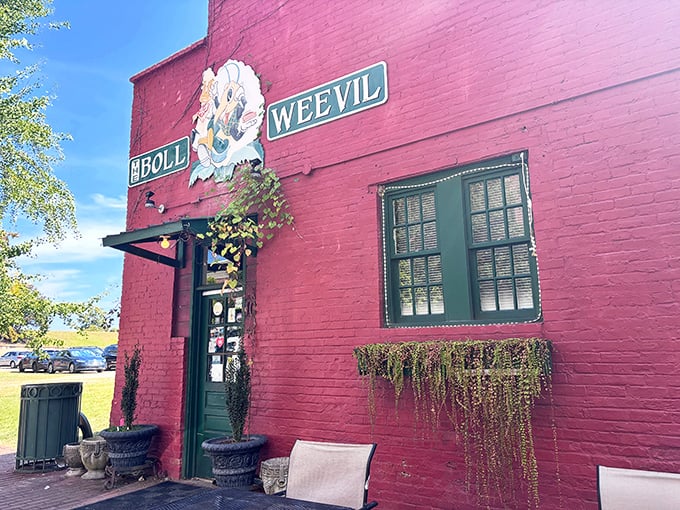 Sunlight plays off the historic red facade, where trailing ivy adds a touch of whimsy to this sweet destination.