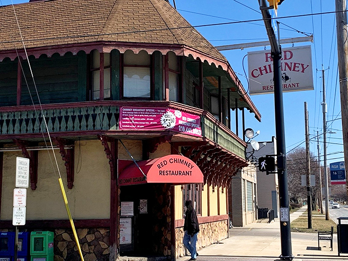 The iconic Red Chimney stands proudly on Fleet Avenue, its distinctive architecture and vintage signage promising comfort food treasures within Cleveland's Slavic Village neighborhood.