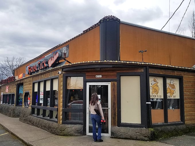 The log cabin exterior of Cider Mill & Fryer Tuck sets the tone perfectly&mdash;no frills, no fuss, just downright delicious chicken waiting behind those stained-glass windows.