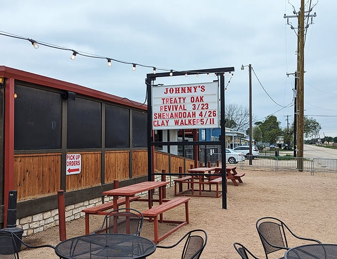 The unassuming exterior of Johnny's might fool you, but those string lights and picnic tables whisper, "Some of Texas' best steaks happen here."
