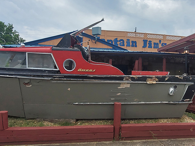 An old boat sits proudly outside Captain Jim's, like a retired sailor telling tales of the sea to landlocked Tennessee visitors.