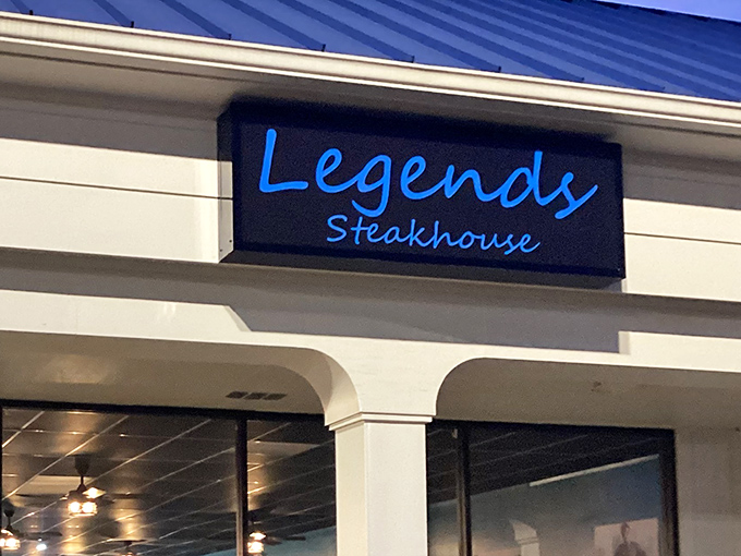 The blue neon sign glows like a beacon for hungry travelers. Legends Steakhouse doesn't need fancy frills when the food speaks volumes.