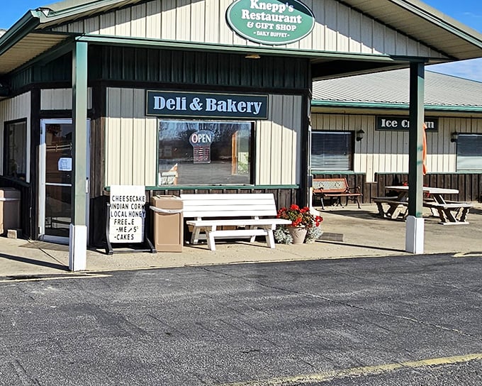 The welcoming facade of Knepp's promises simple pleasures ahead &ndash; a white bench inviting you to sit a spell before diving into breakfast nirvana.