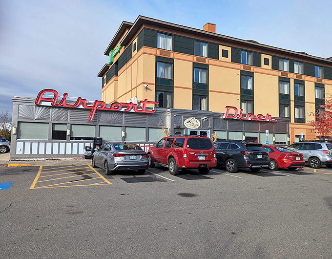 Even on cloudy New Hampshire days, that vibrant red signage promises comfort food salvation for weary travelers and locals alike.