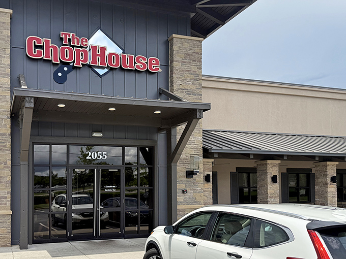 A closer view of The Chop House's welcoming entrance &ndash; where carnivorous dreams come true and diet plans go to die gloriously.