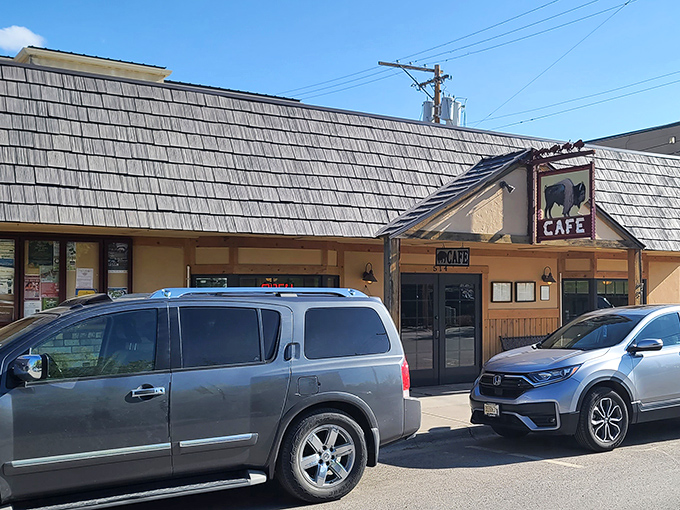 The iconic buffalo sign welcomes hungry travelers like a beacon of breakfast hope on Whitefish's Central Avenue.