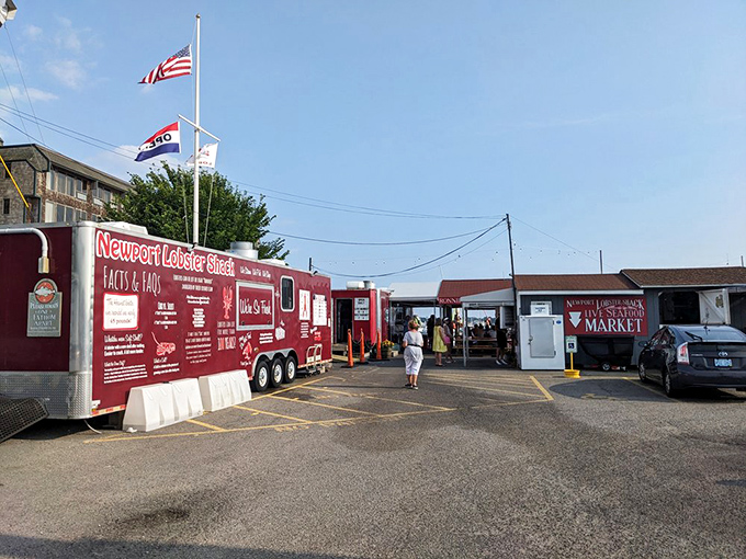 The red trailer tells you everything you need to know: this isn't fancy, it's fantastic. Newport's fishermen bringing ocean-to-table realness.