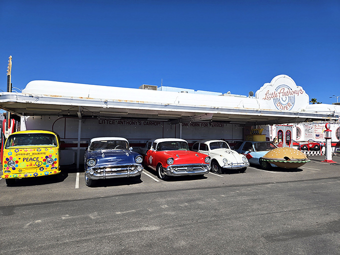 Classic cars line up like colorful time machines outside Little Anthony's, where the 1950s never got the memo about leaving.