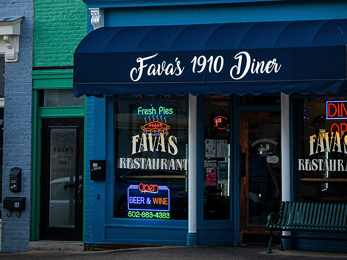Where neon meets nostalgia: Favas' storefront promises "Fresh Pies" and delivers on that sweet declaration with gusto.