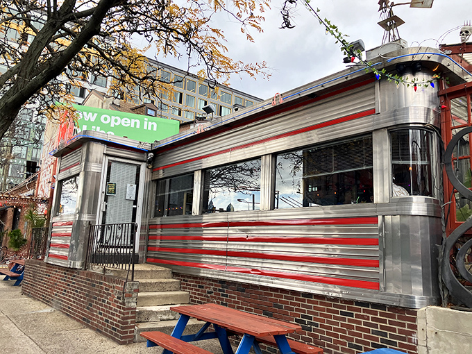The gleaming stainless steel exterior of Silk City shines like a beacon of culinary hope, its classic diner silhouette promising comfort food with a twist.