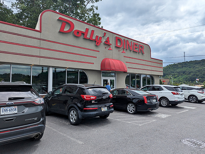 The iconic red signage of Dolly's Diner stands out against the West Virginia hills, like a beacon calling hungry travelers home.