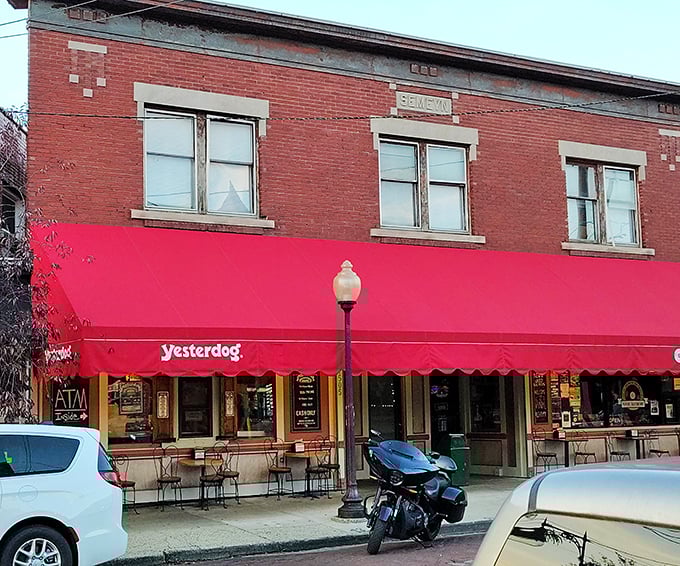Beneath that unmistakable crimson awning lies a temple of tubular meat worship, where pilgrims gather to pay homage to the hot dog gods.