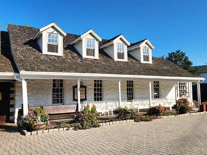 The Dobbin House stands proudly against a blue Pennsylvania sky, its colonial architecture whispering stories of a young America finding its way.