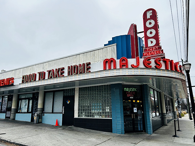 Atlanta's Art Deco dream stands proudly at the corner, its iconic blue and red facade beckoning hungry patrons like a culinary lighthouse in the urban sea.