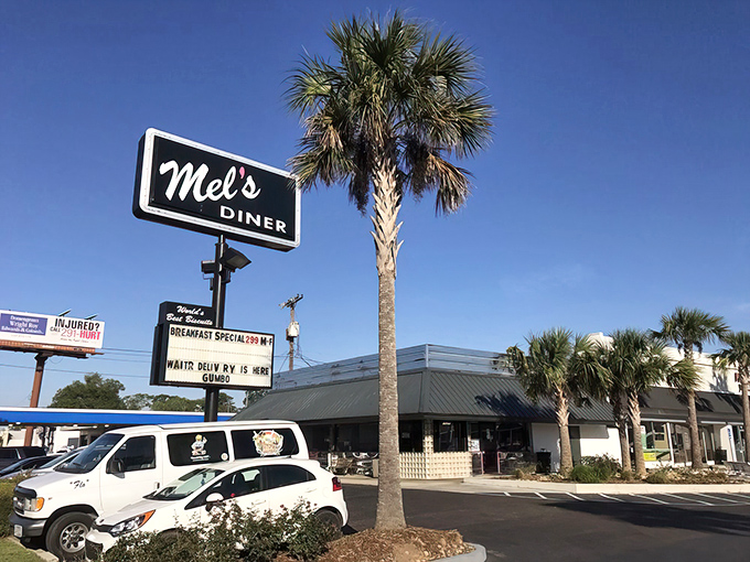 Mel's Diner, a roadside beacon with a retro sign promising World's Best Biscuits and that famous banana split!