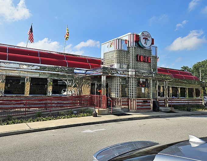 The gleaming red and chrome exterior of Double T Diner stands like a time machine to the golden age of roadside Americana. Maryland's breakfast temple awaits!