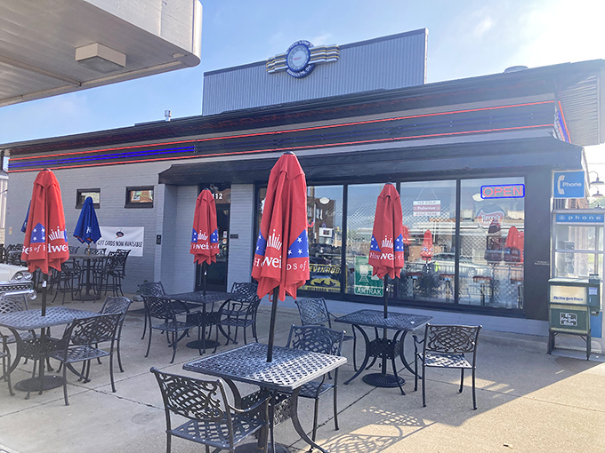 Outdoor dining with a side of sunshine – those red umbrellas promise comfort food al fresco on perfect Ohio days.