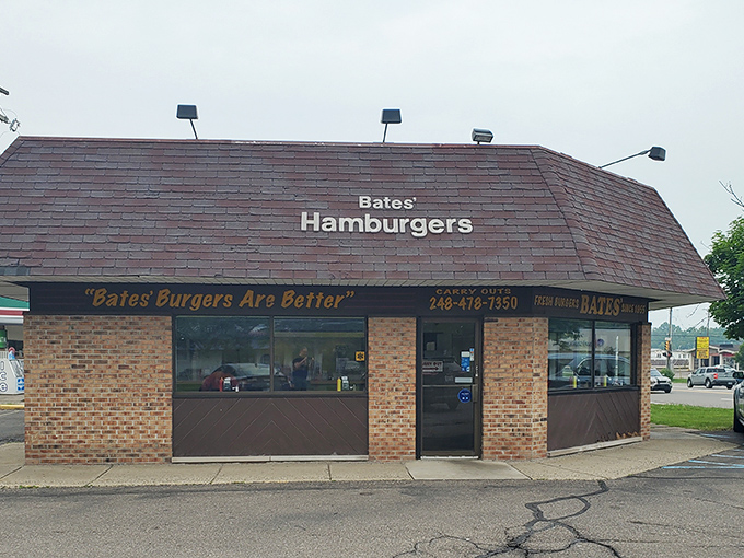 The iconic sloped roof of Bates Hamburgers stands like a burger beacon in Farmington Hills. Their motto isn't just marketing&mdash;those burgers really are better.