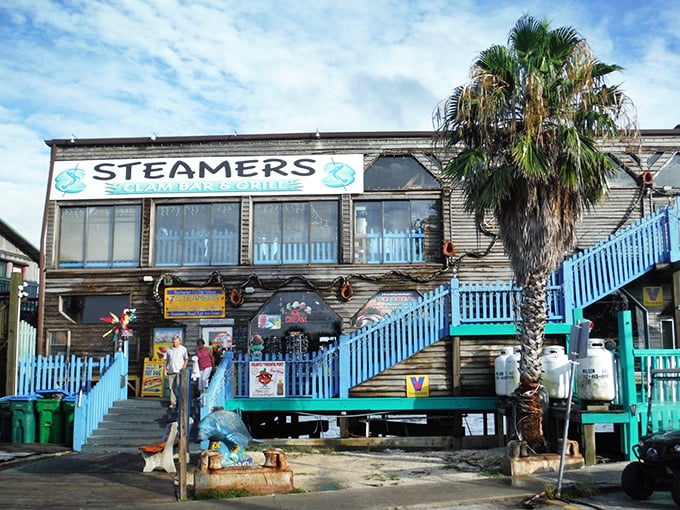 Those iconic turquoise stairs aren't just an entrance&mdash;they're a portal to seafood nirvana. Florida's coastal charm personified in weathered wood and palm trees.