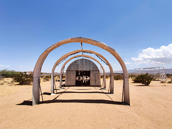 Looks like a spaceship hangar waiting for takeoff &mdash; or maybe a desert art piece dreaming of rain. Either way, it&rsquo;s pure magic under that endless blue sky.