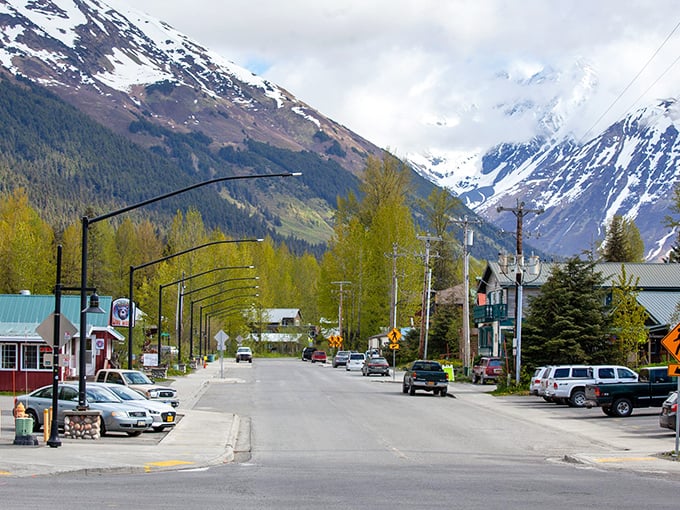 Main Street magic: Where towering mountains stand guard over everyday life, making even a trip to the post office feel like an adventure in Girdwood.